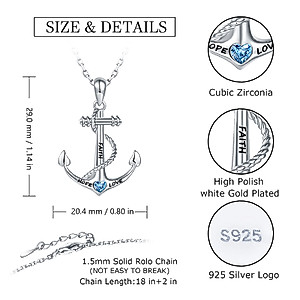 925-Sterling-Silver Sailor Anchor Necklace for Women - Engraved Ship Nautical Jewelry White Gold Plated Chain Faith Hope Love Inspirational Navy Blue Heart Cubic Zirconia Pendant Gifts