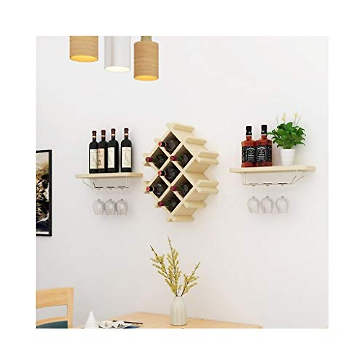 Wooden Wine Rack Creative Simplicity Wall-Mounted Rhombic Storage Stand Multi-Layer Display Shelf Upside Down Decor J115, PIBM, Oak