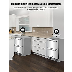 Enocreay Outdoor Drawer Refrigerator, Built-In Under Counter Drawer Fridge Beverage Cooler with Stainless Steel Door, 185 Cans Capacity with Drink Dispenser for Island Kitchen Home Bar