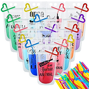 90 Pcs Drink Pouches with Straws for Adults, Clear Plastic Reusable Drink Bags Juice Pouches with Zipper Party Beverage Bags for Adults Teen Party Favor, 15 Styles