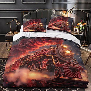 ERGTT Aerial Train Comforter Covers 3D Print Steam Quilt Cover for Teens and Adults Duvet Cover Bedding Set Soft Microfiber with Zipper Closure with Pillow Cases 3 Pieces Full（203x228cm）