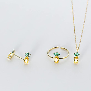 CZ Pineapple Thin Cute S925 Sterling Silver Gold Plated Engagement Open Tail Rings Dainty Adjustable Finger Promise Statement Band Small Fruit Colorful Ring Jewelry Gifts for Birthday Women Daughter Xmas