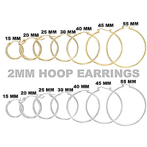 14k REAL White Gold 20MMx2.0MM Thickness Classic Polished Round Tube Hoop Earrings with Snap Post Closure For Women