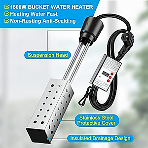 Bucket Heater Immersion Water Heater with Timer 1500W Floating 304 Stainless-Steel Guard Water Heater Replacement Parts Heats for Bathtub,Bucket,Garden,Pool,Heating 5 Gallons Water in Minutes