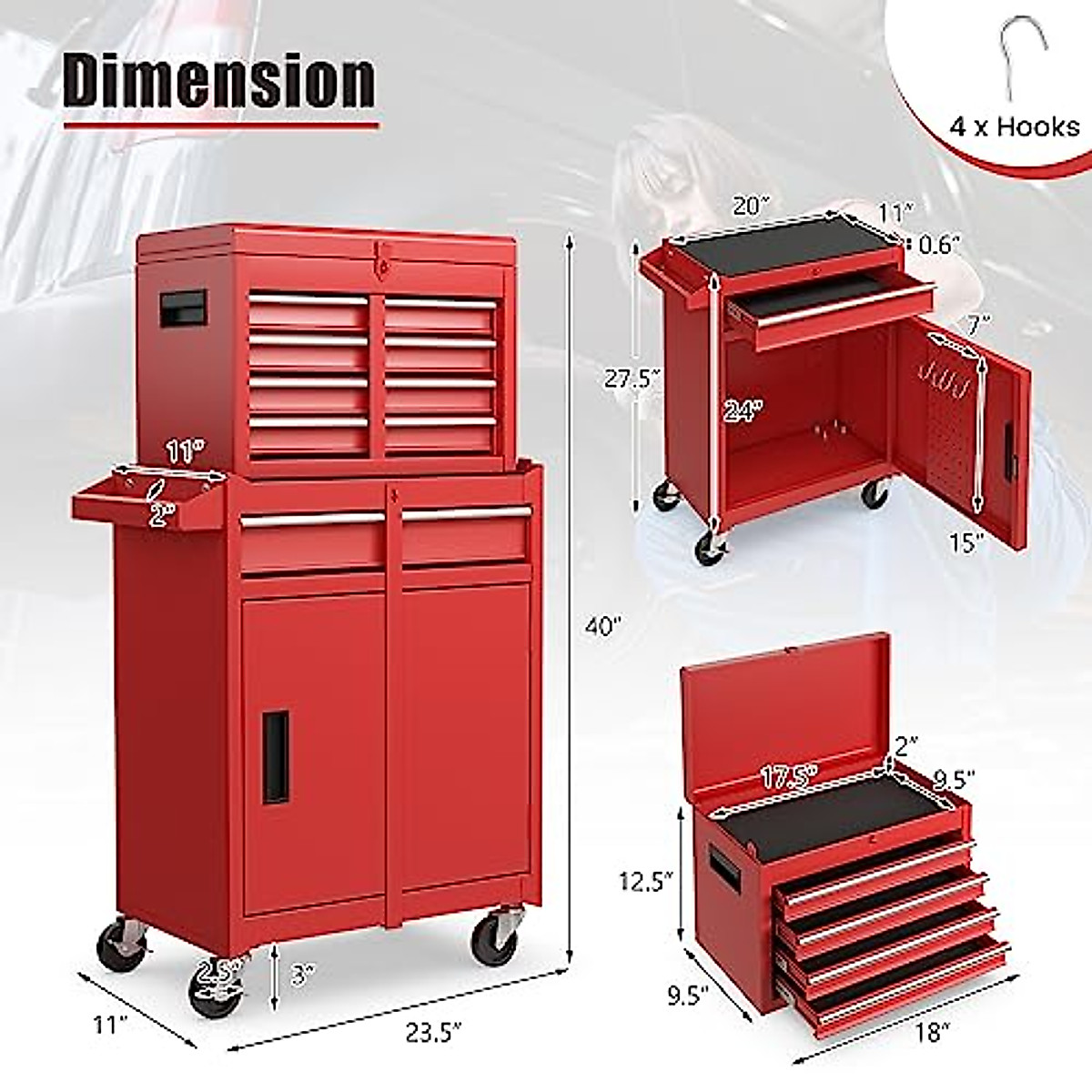 DORTALA 2 in 1 Tool Chest & Cabinet w/ 5 Sliding Drawers, Rolling Garage Box Organizer, Lockable Tool Box, Detachable Tool Organizer, Tool Cabinet Cart Workshop Trolley on Wheels, Red