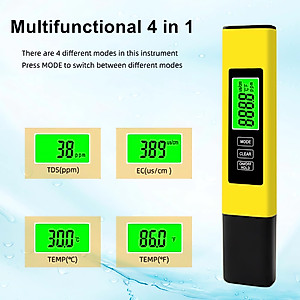 TDS Meter Digital Water Quality Tester,EC Meter & Temperature Meter 4 in 1,for Ro-Rodi System Drinking Water,Water Quality Tester 0-9990 PPM Measuring Range,1 PPM Increments（Yellow）