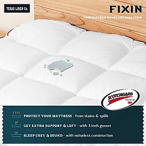 Texas Linen Co. Twin XL Cooling Mattress Topper, Pillow-Top Optimum Thickness, Soft 100% Cotton Fabric, Breathable & Plush Quilted Down-Like Fill, Snug Deep Pocket fit White