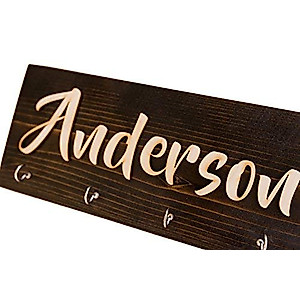 PLS Market Personalized Wall Key Hanger Unique Custom Key Ring & Jewelry Rack Holder - Customize with Your Name | Dark Rustic Natural Wood 4 Hooks Decorative Kitchen, Garage, Living, Closet