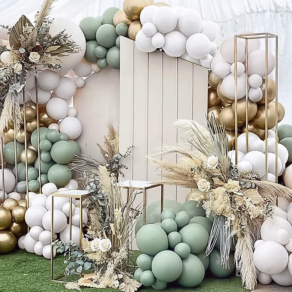 RUBFAC 65Pcs 12 Inches Sage Green Gold Confetti Balloons Kit, Green White Metallic Gold Party Balloons with Ribbons for Birthday, Wedding, Baby Shower, Graduation, Eucalyptus Party Decorations