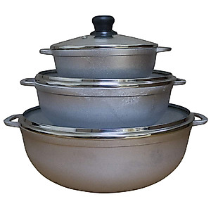 IMUSA USA Traditional Colombian Natural Caldero Glass Lid & Steam Vent 3-Piece (1.4/3.4/6.6) Quart, Silver (Dutch Oven Set) & GAU-80503 2.6Qt Traditional Colombian Caldero (Dutch Oven), Silver