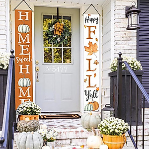 CROWNED BEAUTY Fall Porch Banner Sign Sweet Home Happy Fall Yall 12x70 Inch Indoor Outdoor Seasonal Hanging Front Door Farmhouse Wall Decoration CS078-12, Orange
