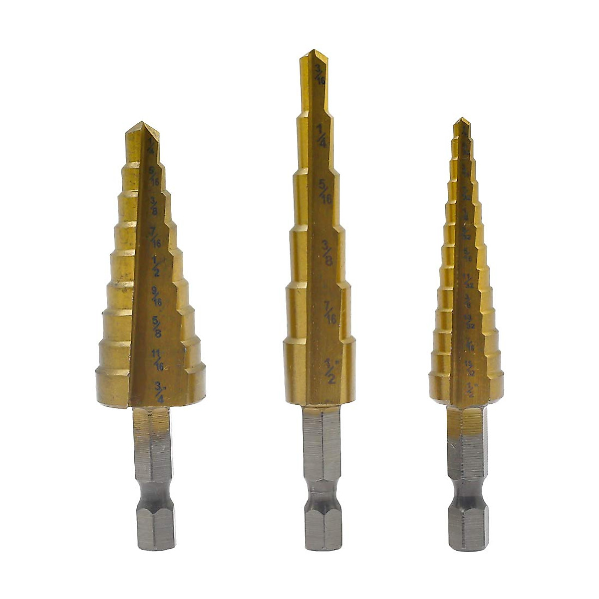 Qjaiune Titanium Step Drill Bit Set 3 Pcs 28 Sizes in One Kit, 1/4" Hex Shank for Soft Metal, Wood, Plastic