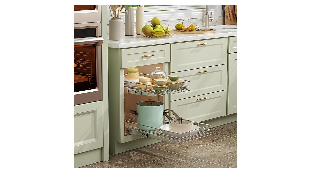 ROOMTEC Pull Out Cabinet Organizer - Space-Saving 2-Tier Storage Shelf