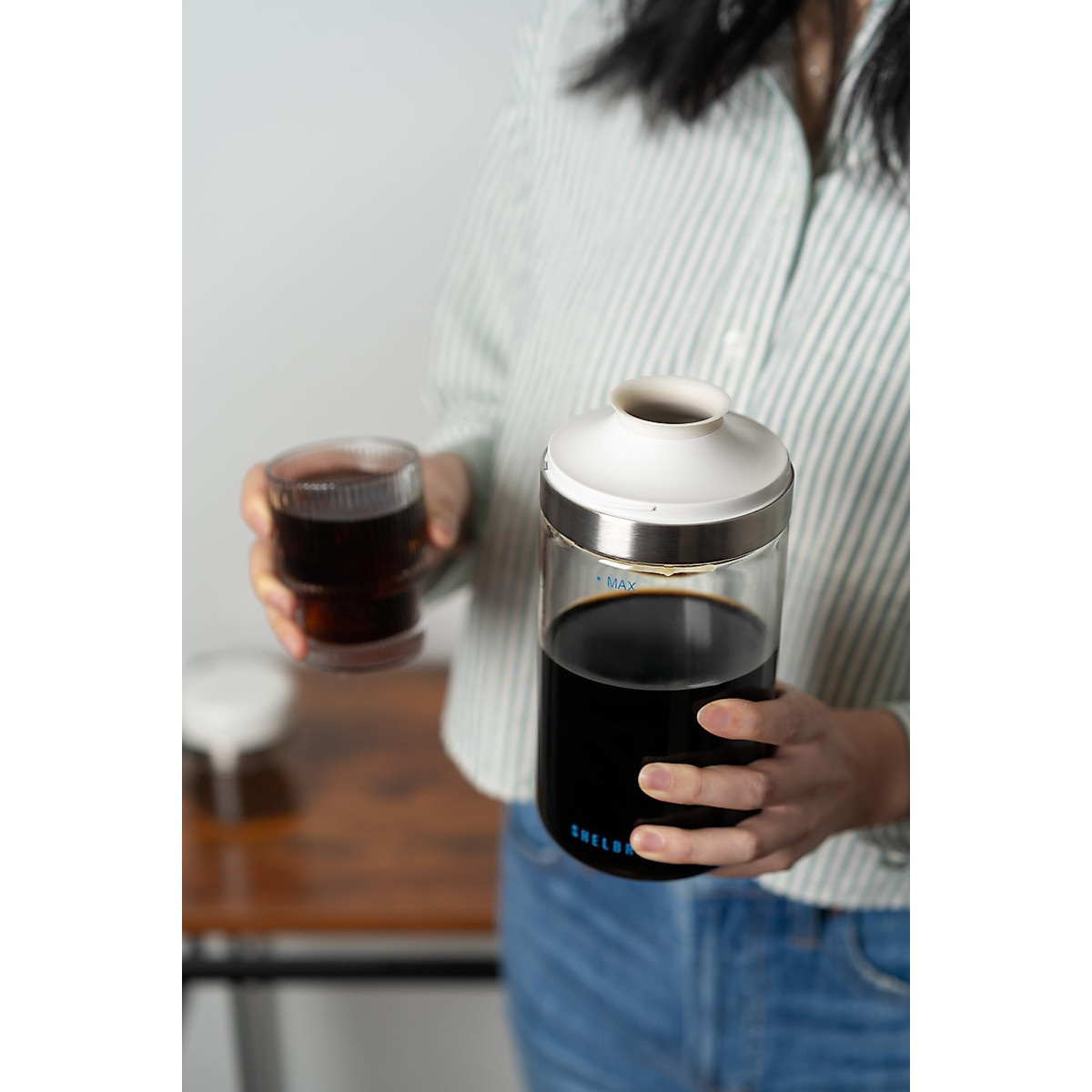 Shelbru Cold Brew Coffee Maker - 2-Piece Set w/Brewer & Carafe (Pitcher) - Reusable Stainless Steel Filter & Heavy-Duty Boroscilicate Glass - 16.9 fl oz / 500ml of Cold Brew Concentrate/Iced Coffee