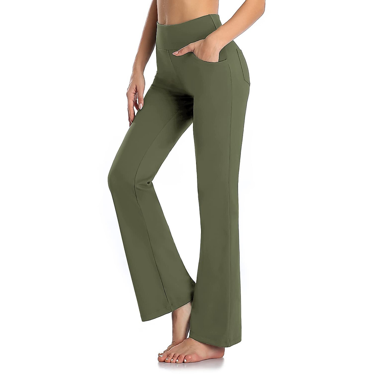 MOVE BEYOND Buttery Soft Women's Bootcut Yoga Pants with 4 Pockets Tummy Control Workout Bootleg Work Pants, Green, M