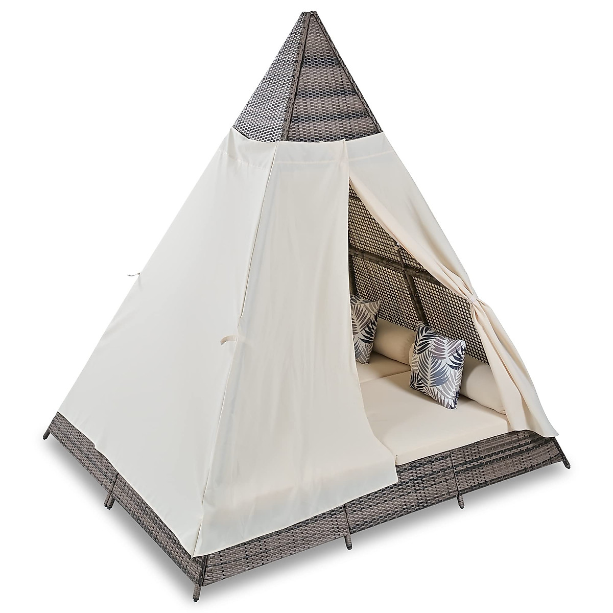 Outdoor Sunbed with Cushions and Colorful Pillows,Tent Shape Wicker Patio Daybed 90.5" Length Lounge Bed for Patio Lawn Garden Backyard Porch Pool（Brown + Beige）