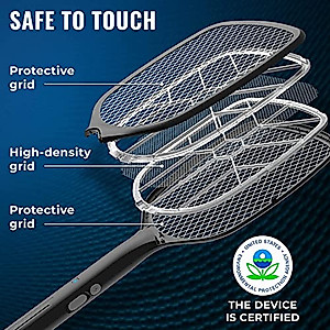2 in 1 Electric Fly Swatter & Mosquito Killer Lamp with 4000V Effective Powerful Grid, Rechargeable Bug Zapper for Home, Camping, Indoor/Outdoor Pest Control, with Double Safety Mesh, LED Light Black