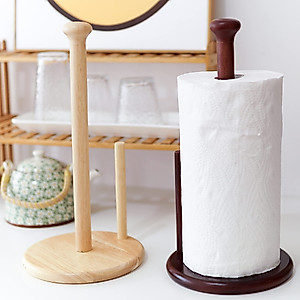 E-ROOM TREND Paper Towel Holder Large Base Dia 7" Wooden Natural Color Countertop with Rubber Wood Round Base Kitchen Bathroom Roll Organizer Wooden Paper Holder Stand for Dining Table Home (ZJ281Y)