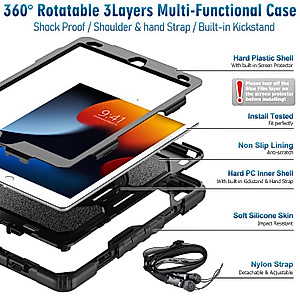 Timecity Case for iPad 9th/ 8th/ 7th Generation 10.2 inch - Heavy Duty Protective Cover with Screen Protector, Rotating Stand, Shoulder Strap & Pencil Holder | Kids-Friendly (Black)