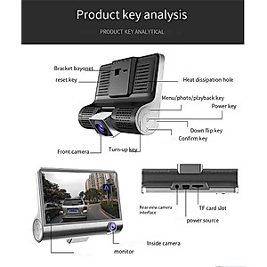 3-Channel Dash Cam with Front and Rear Inside Views, 1080P Full HD with 170-degree Wide-Angle Lens, IR Night Vision, Loop Recording, Reverse Assist, and 24-Hour Parking Recording.