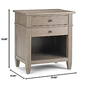 SIMPLIHOME Carlton 24 inches Wide Night Stand, Bedside table, Distressed Grey SOLID WOOD, Rectangle, with Storage, 2 Drawers and 1 Shelf, For the Bedroom, Contemporary Modern