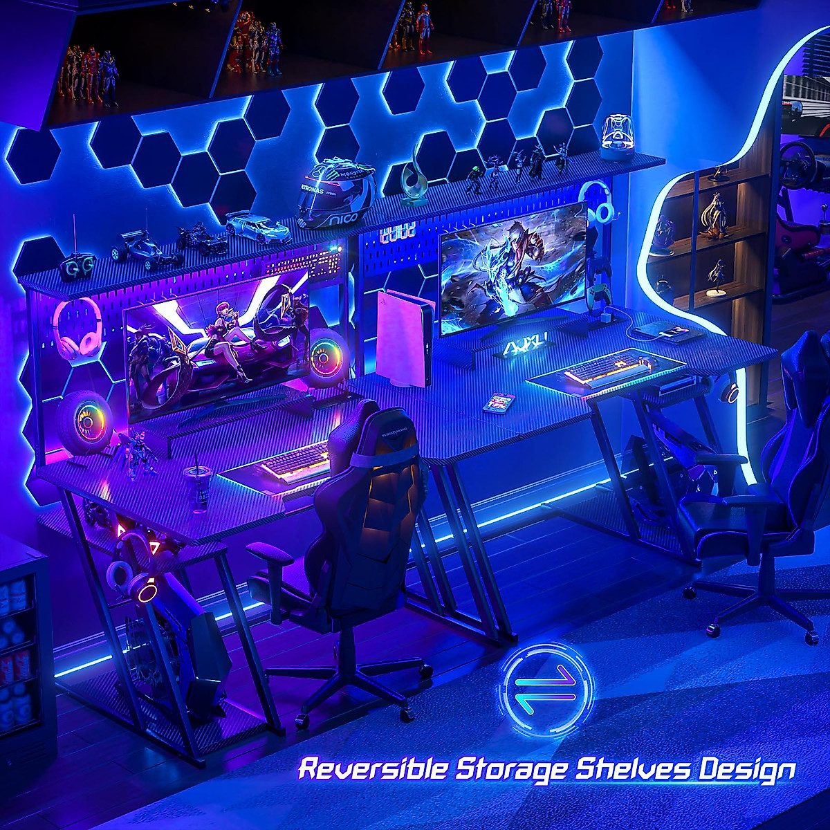 Gaming Computer Desk with Shelves and Outlets, Gaming Desk with Hutch and LED Lights, Reversible PC Gaming Desk with Pegboard, Carbon Fiber Black 47''