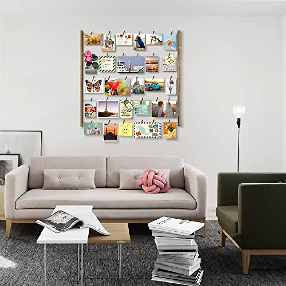 Love-KANKEI Wood Picture Photo Frame for Wall Decor 26×29 inch with 30 Clips and Adjustable Twines Collage Artworks Prints Multi Pictures Organizer and Hanging Display Frames Carbonized Black