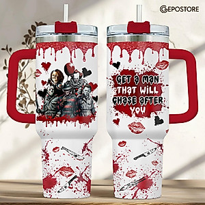 GEPOSTORE Valentines Gifts for Him Her, Horror Characters 40 Oz Tumbler with Handle, Movie Scary Cup, Gifts for Horror Fan