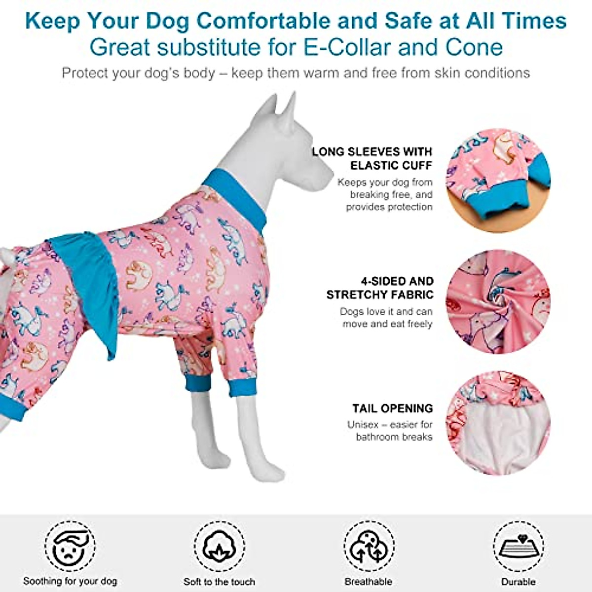 LovinPet Large Dog Onesies, UV Protection, Post Surgery Comfort Clothes, Lightweight Flannel Fabric, Light Pink Baby Elephant Print, Undershirt for Dog Dresses,Blue XXL