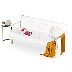 TYBOATLE 57“ W Mid-Century Striped PU Leather Loveseat Sofa w/ 2 USB Charging Ports, Modern Love Seats Couch w/Pillow for Small Space, Living Room, Office, Apartment, Dorm (White)