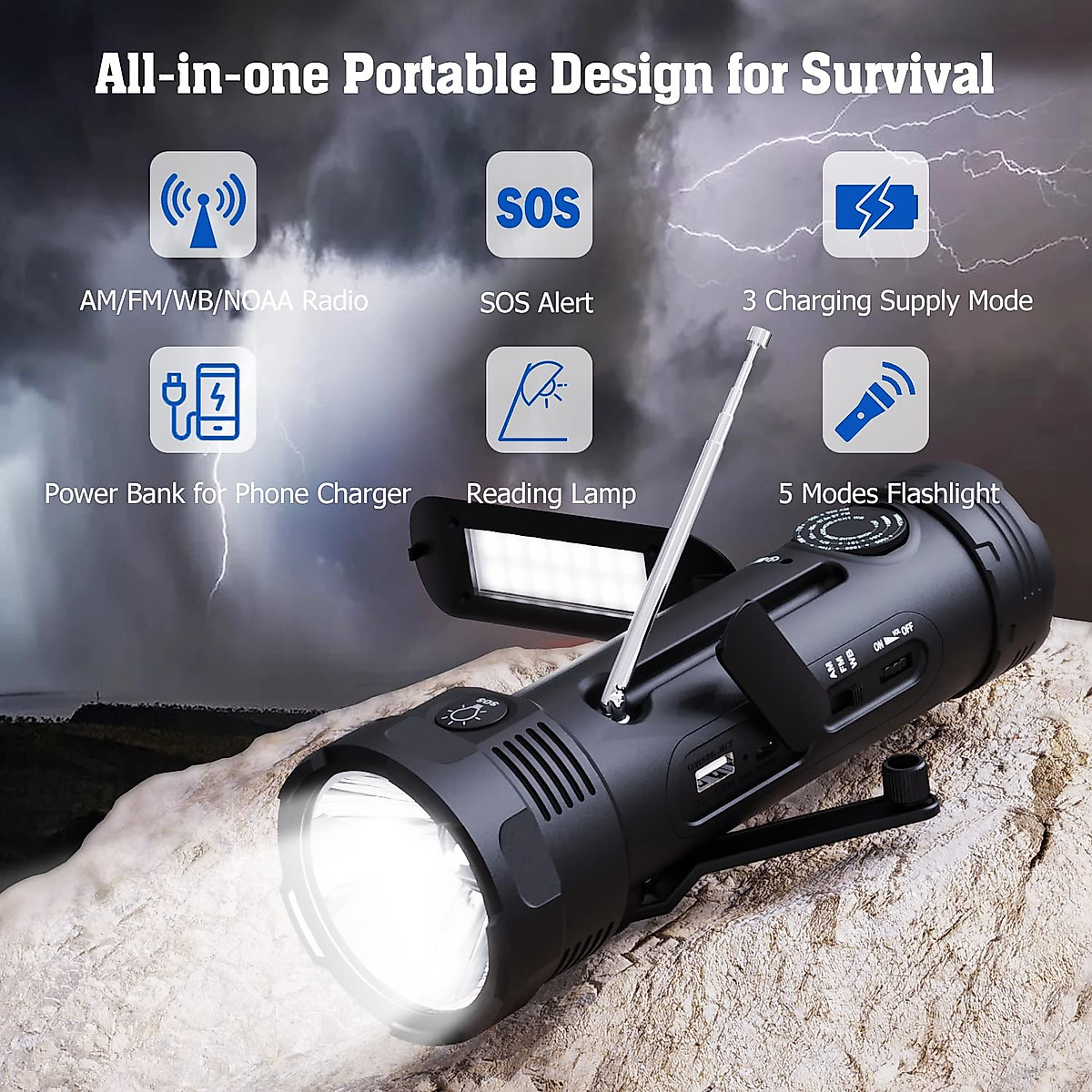 PPLEE NOAA Emergency Flashlight Rechargeable with Weather Radio,AM/FM Weather Alert Solar Hand Crank Survival Radio,Battery Powered Radio,Reading Lamp,USB Phone Charger,SOS Alarm