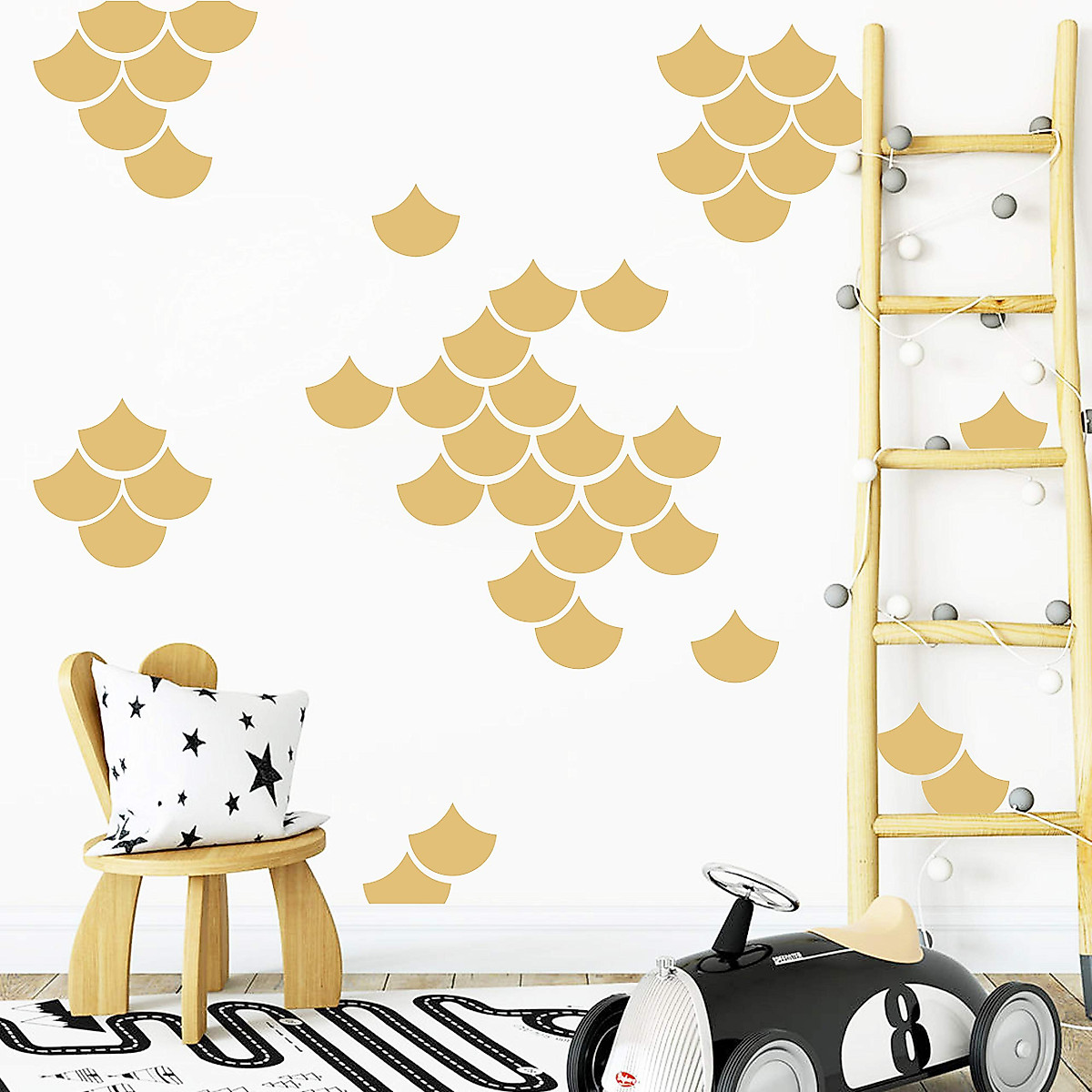 40 Pcs Mermaid Scale Wall Decal, Nursery Decor, Geometric Decals, Modern Wall Decals, Unique Wall Decor for Kids, Wall Decals for Girls Boys Room(Y06) (Matte Gold)
