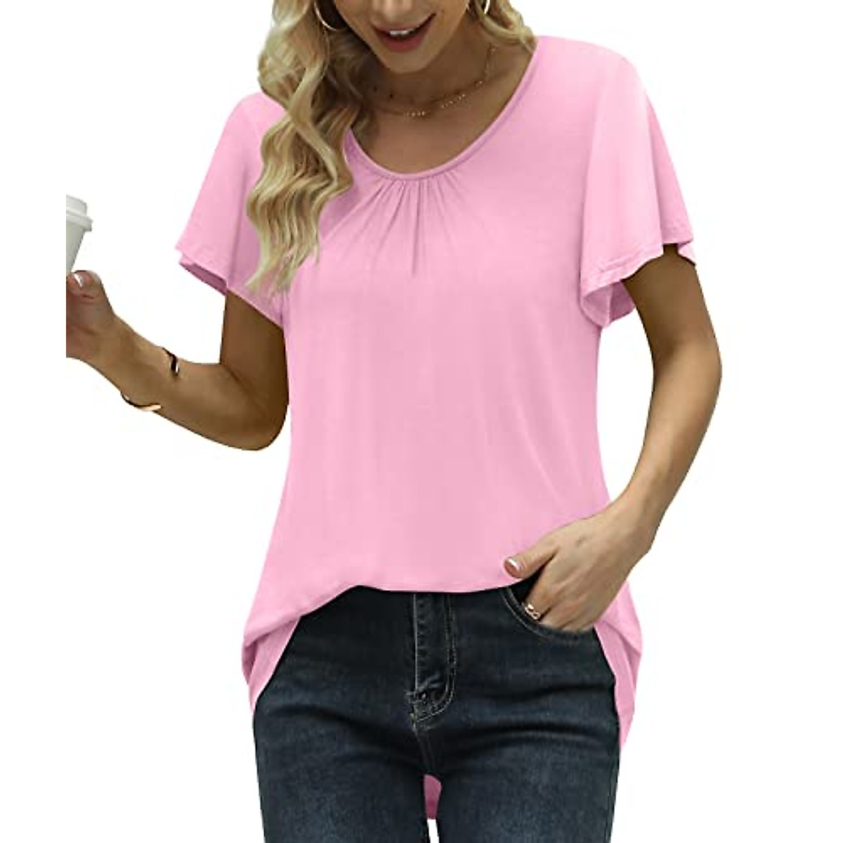DB MOON Womens 2023 Summer Tops Casual Ruffle Short Sleeve T Shirts Shirred Crewneck Tunic Loose Fit Blouses XL, Pink