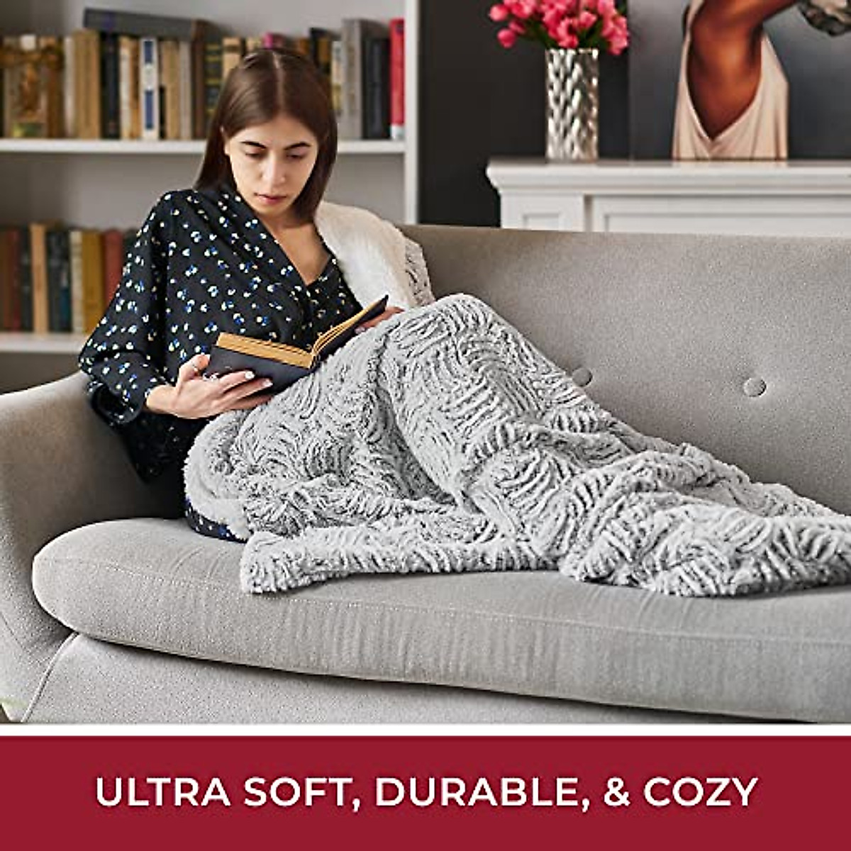 Mellanni Faux Fur Plush Blanket - Luxurious Gray Throw Blankets - Fuzzy Blankets and Throws - 2-Sided Faux Fur Blanket & Sherpa - Shed-Resistant Throws and Blankets for Sofa (50" x60'', Gray)