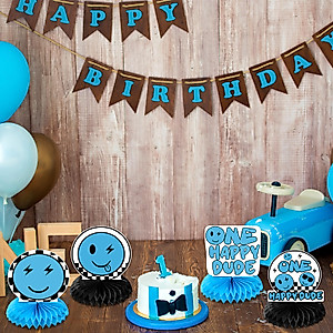 Memorywuu 12 Pcs One Happy Dude Honeycomb Centerpiece Blue One Happy Dude 1st Birthday Party Decoration Birthday Centerpiece Table Decorations Smile Face Table Topper for Baby Shower Birthday Party