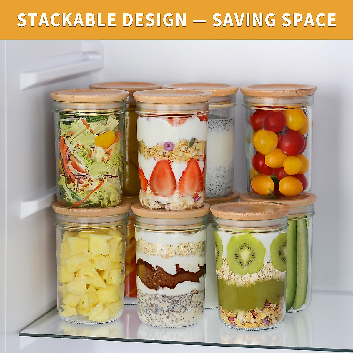 Xyptorix 6-Pack Overnight Oats Containers with Lids - Wide Mouth Mason Jars 16 oz, Easy to Clean Glass Jars with Bamboo Lid for Oatmeals, Chia Pudding, Salad, Yogurt, Snacks, Spice, Coffee