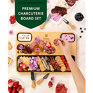 ROYAL CRAFT WOOD Extra Large Bamboo Cheese Board and Knife Set - With Slate Plate and Sauce Bowls