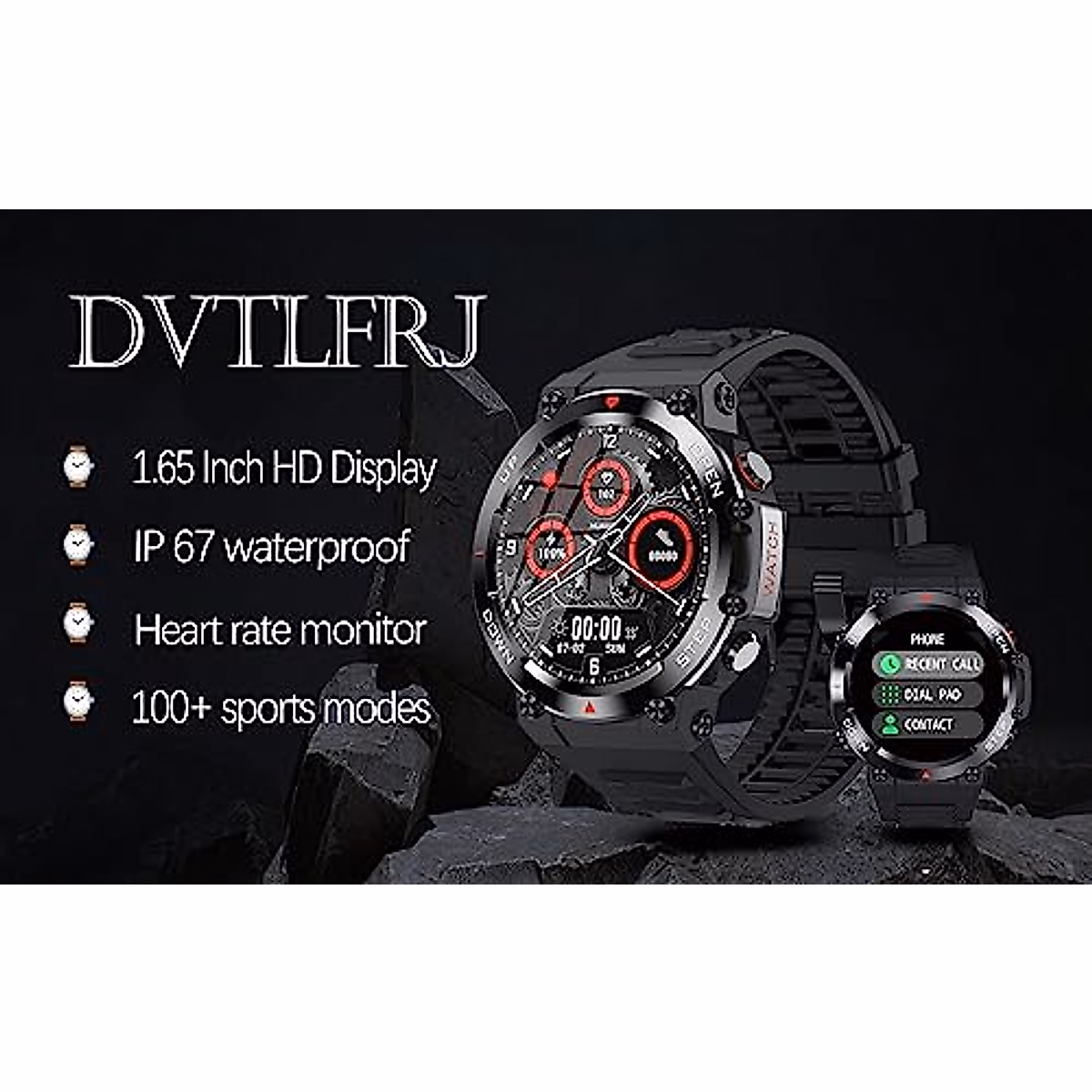 Smart Watch for Men,20m Waterproof Rugged Outdoor Smartwatch with Bluetooth Call 400mAh Battery Life Fitness Watch 1.65" HD Display,100+ Sports Modes Fitness Tracker,for iOS Android Phone,45Black