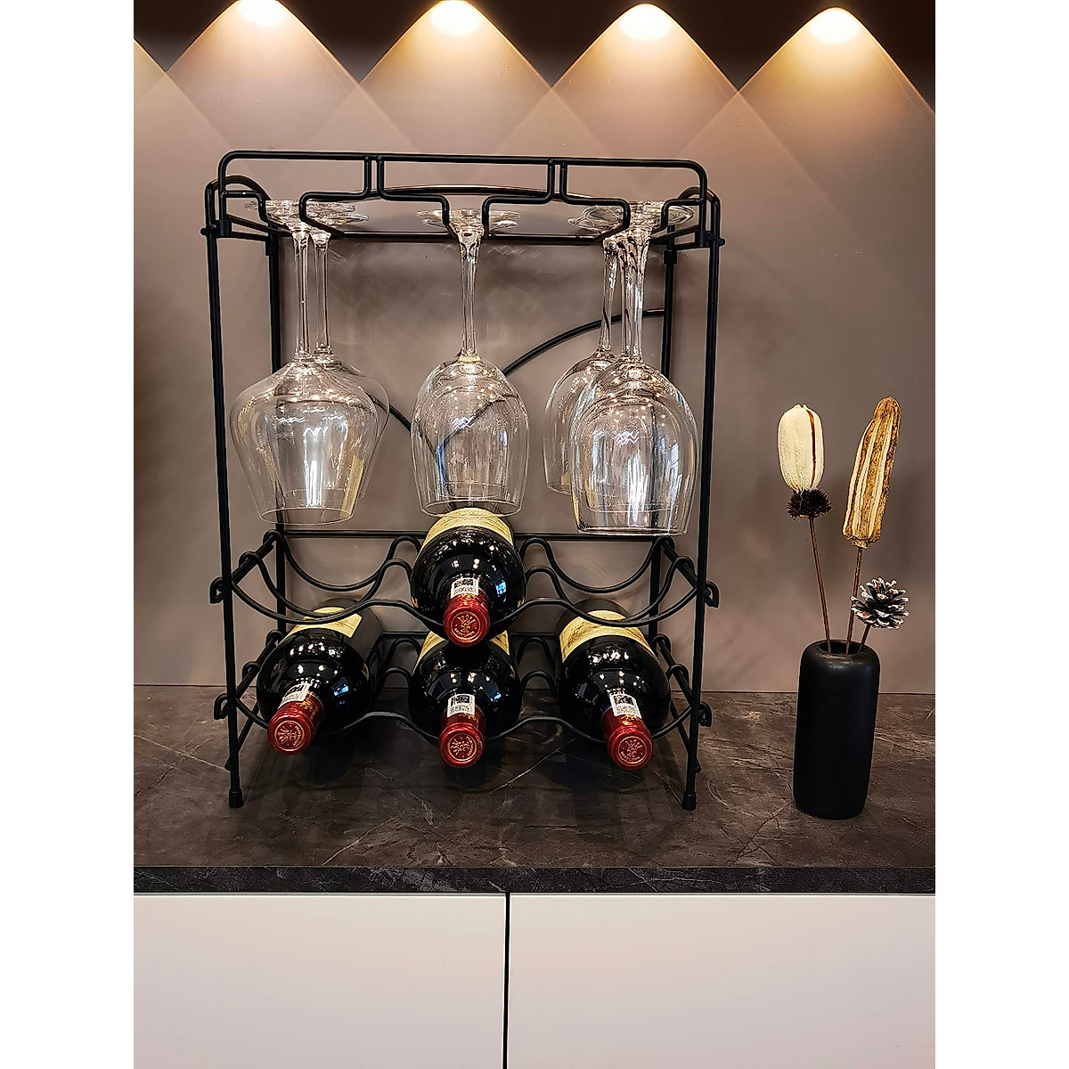 EMT ETRENDS Wine Rack Countertop, Wine Holder for 6 Bottles and 6-9 Glasses, Freestanding Wine Storage Shelves for Kitchen, Pantry, Cellar, Bar, Black.