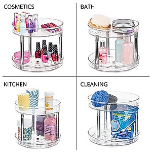 mDesign 2-Tier Lazy Susan Makeup Organizer - 9-Inch Lazy Susan Turntable Organizer for Bathroom Counter, Cabinets, Vanity - Bathroom Lazy Susan for Cosmetics Storage - Ligne Collection, Clear/Chrome