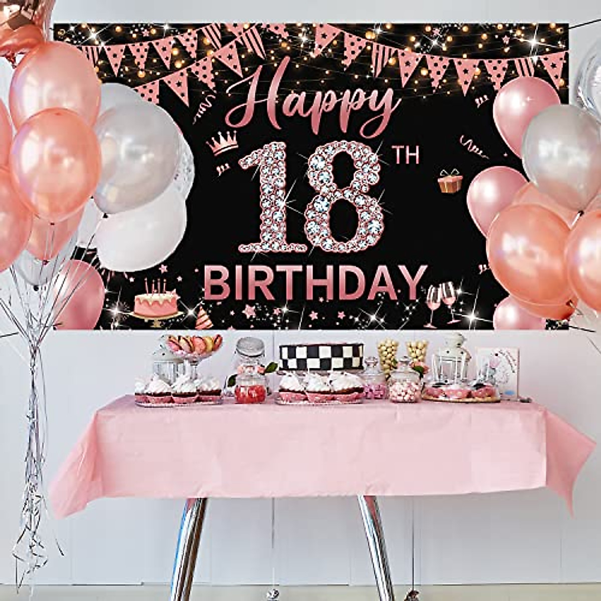 18th Birthday Decorations Backdrop Banner, Happy 18th Birthday Party Decorations for Girls, Rose Gold Birthday Photo Props Backdrop, 18 Year Old Birthday Party Sign Decor Fabric 6.1ft x 3.6ft PHXEY