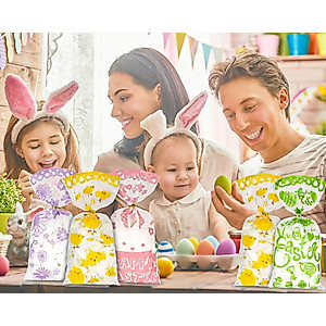 Whaline Easter Cellophane Party Bags 160pcs Bunny Easter Egg Treat Bags with 200pcs Gold Twist Ties Plastic Cello Candy Sweet Bags Gift Bags Chick Flower Bags for Easter Party Table Decor, 4 Designs