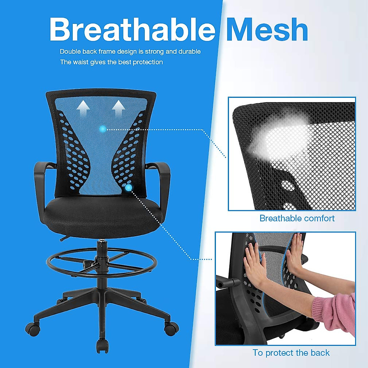 Drafting Chair Tall Ergonomic Office Chair Home Desk Chair Rolling Computer Mesh Swivel Modern Executive Task Chair with Height Adjustable Foot Rest Mid Back Lumbar Support Armrest Black