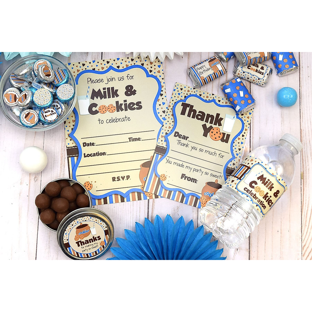 Milk and Cookies Boy Birthday Party Bundle Includes 20 each of Invitations & Thank You Cards with Envelopes + 2 Different Sizes of Stickers, Mini Candy Bar Wrappers, & Water Bottle Labels!