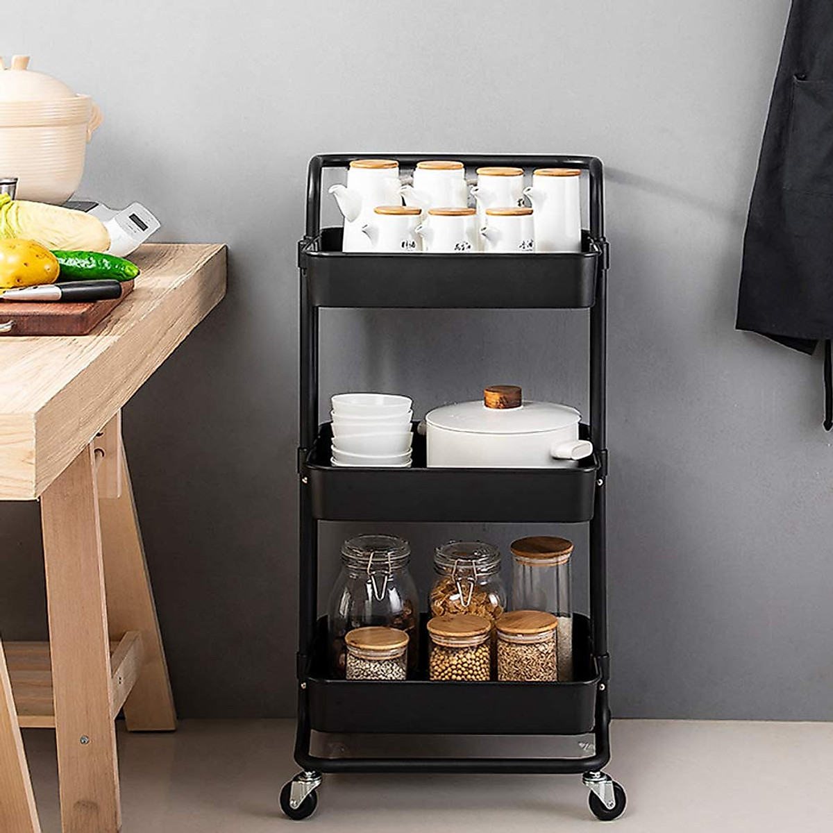 XGATML ALA7 3-Tier Rolling Utility Cart with Roller Wheels Service Cart with Handle Mobile Storage Organizer for Kitchen, Bathroom, Office, Coffee Bar(Black)