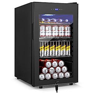 Beverage Refrigerator and Cooler Freestanding, 96 Cans Mini Fridge with glass door and Lock, Small Drink Fridge for Soda, Beer, Wine, For Home Bar Office with LED Light, with Adjustable Thermostat