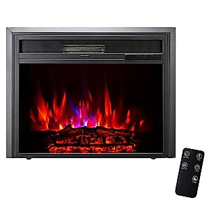 XBrand 28 Inch Long Black Glass and Steel Indoor Insert Electric Fireplace Heater with Remote Control, LED Rolling Flame Effect, and Temperature Limiting Control