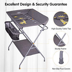 Baby Changing Table Nursing Station - Folding Diaper Table for Newborn Infant with Large Organizer Racks & Safety Belt, Grey