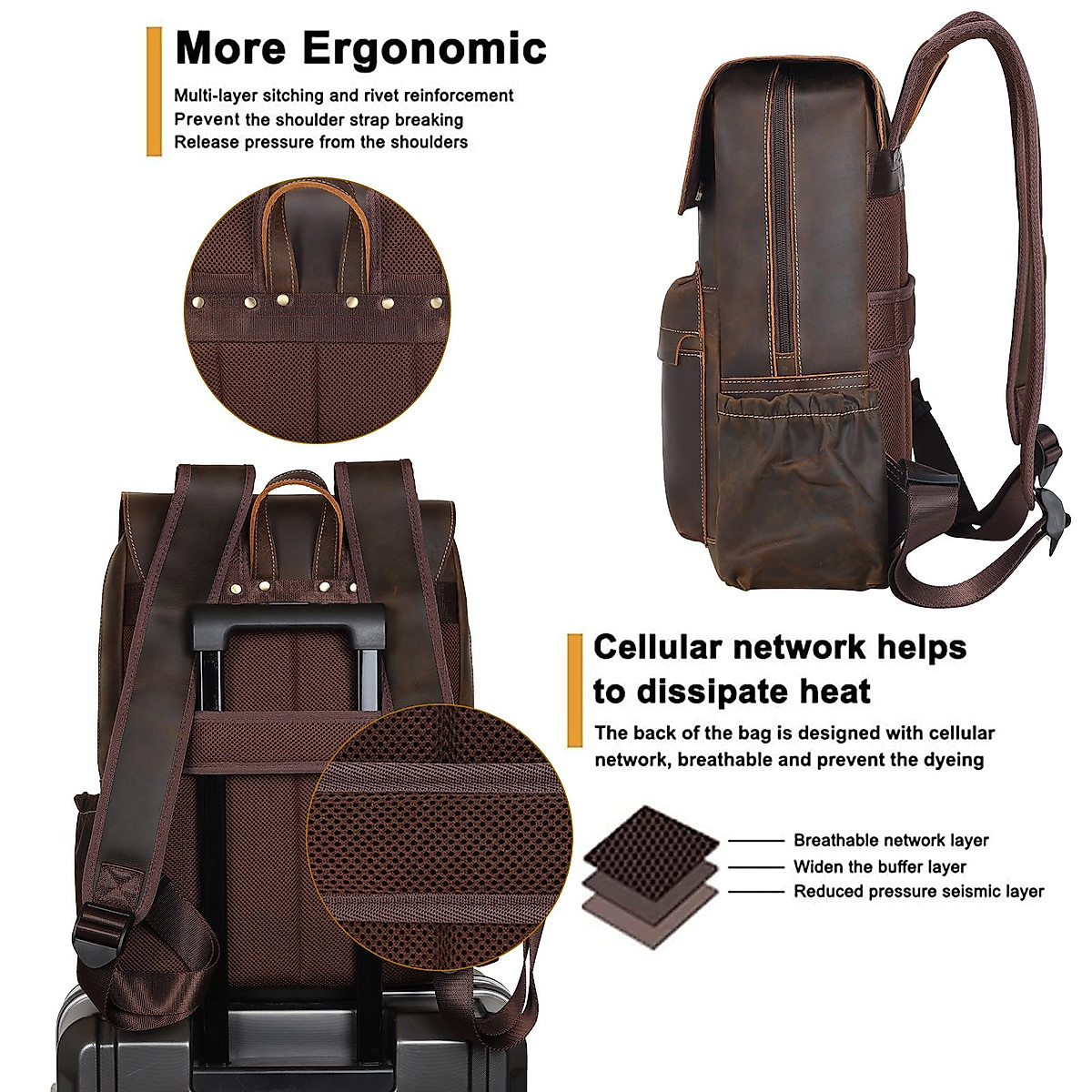 Vintage Full Grain Leather 15.6 Inch Laptop Backpack for Men Casual Travel Work Bag Bookbag Daypack with YKK Zipper Brown, Large