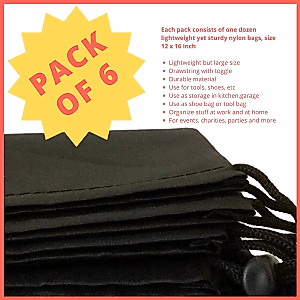 PALTERWEAR Drawstring Bag - Nylon Cinch and Ditty Stuff Pouch with Toggle (12 x 16-6 pack, Black)